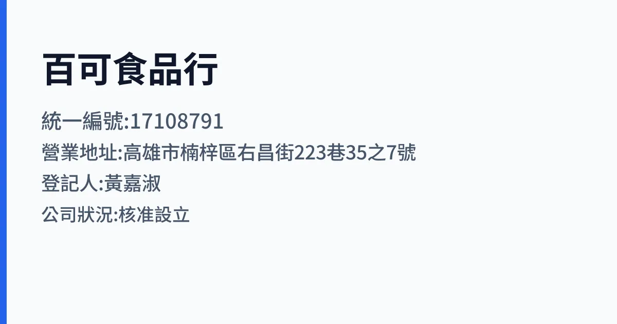 百可食品行 - 統編 17108791(高雄市) 公司登記資料與營業項目詳細圖表