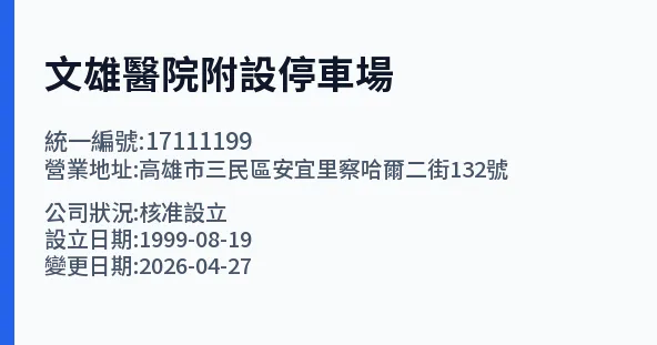 文雄醫院附設停車場的照片-統編 17111199(高雄市) 公司登記資料與營業項目詳細圖表