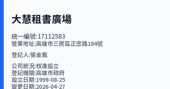 大慧租書廣場的照片-統編 17112583(高雄市) 公司登記資料與營業項目詳細圖表