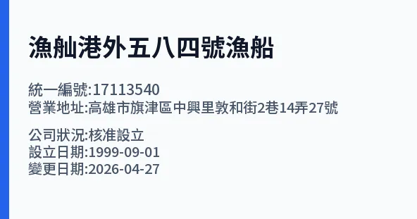 漁舢港外五八四號漁船的照片-統編 17113540(高雄市) 公司登記資料與營業項目詳細圖表