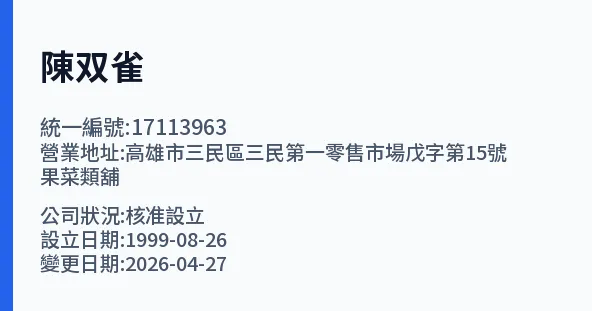 陳双雀的照片-統編 17113963(高雄市) 公司登記資料與營業項目詳細圖表