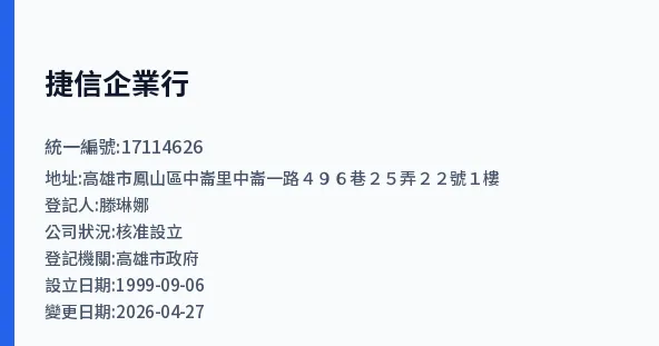 捷信企業行的照片-統編 17114626(高雄市) 公司登記資料與營業項目詳細圖表