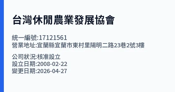 台灣休閒農業發展協會的照片-統編 17121561(宜蘭縣) 公司登記資料與營業項目詳細圖表