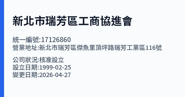 新北市瑞芳區工商協進會的照片-統編 17126860(新北市) 公司登記資料與營業項目詳細圖表