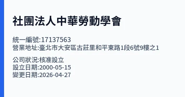 社團法人中華勞動學會的照片-統編 17137563(臺北市) 公司登記資料與營業項目詳細圖表