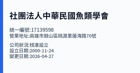 社團法人中華民國魚類學會的照片-統編 17139598(高雄市) 公司登記資料與營業項目詳細圖表