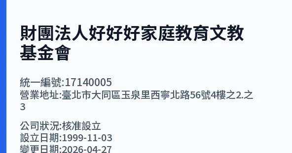 財團法人好好好家庭教育文教基金會的照片-統編 17140005(臺北市) 公司登記資料與營業項目詳細圖表