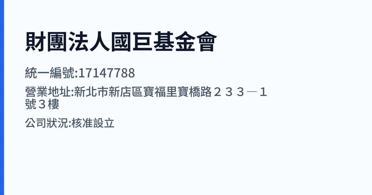 財團法人國巨基金會 - 統編 17147788(新北市) 公司登記資料與營業項目詳細圖表