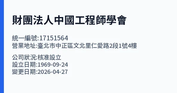 財團法人中國工程師學會的照片-統編 17151564(臺北市) 公司登記資料與營業項目詳細圖表