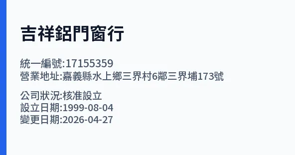吉祥鋁門窗行的照片-統編 17155359(嘉義縣) 公司登記資料與營業項目詳細圖表