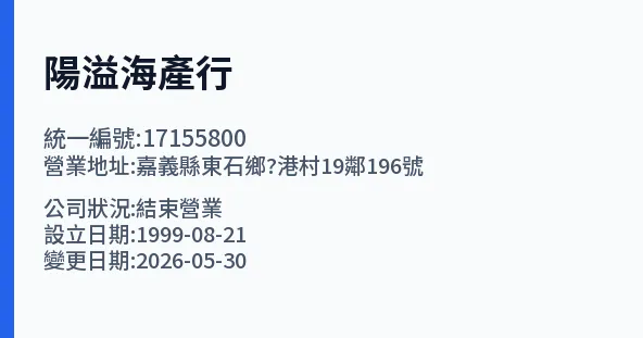 陽溢海產行的照片-統編 17155800(嘉義縣) 公司登記資料與營業項目詳細圖表
