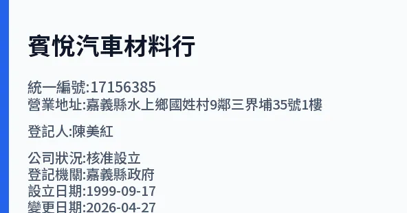 賓悅汽車材料行的照片-統編 17156385(嘉義縣) 公司登記資料與營業項目詳細圖表