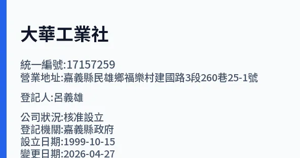 大華工業社的照片-統編 17157259(嘉義縣) 公司登記資料與營業項目詳細圖表