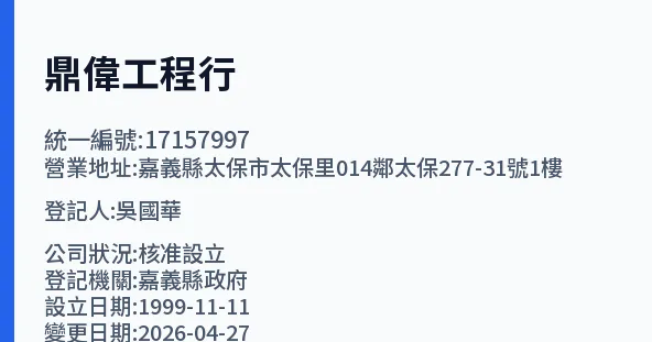 鼎偉工程行的照片-統編 17157997(嘉義縣) 公司登記資料與營業項目詳細圖表