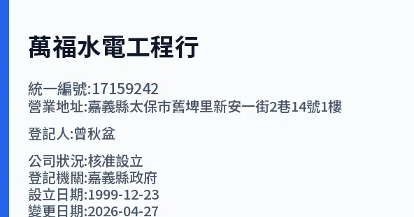 萬福水電工程行的照片-統編 17159242(嘉義縣) 公司登記資料與營業項目詳細圖表
