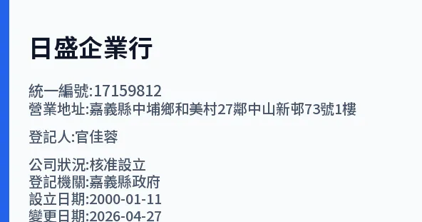 日盛企業行的照片-統編 17159812(嘉義縣) 公司登記資料與營業項目詳細圖表