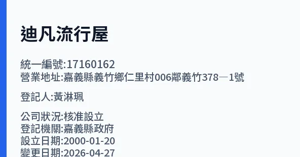迪凡流行屋的照片-統編 17160162(嘉義縣) 公司登記資料與營業項目詳細圖表