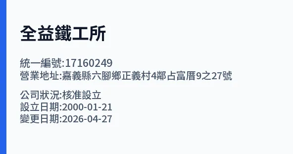全益鐵工所的照片-統編 17160249(嘉義縣) 公司登記資料與營業項目詳細圖表