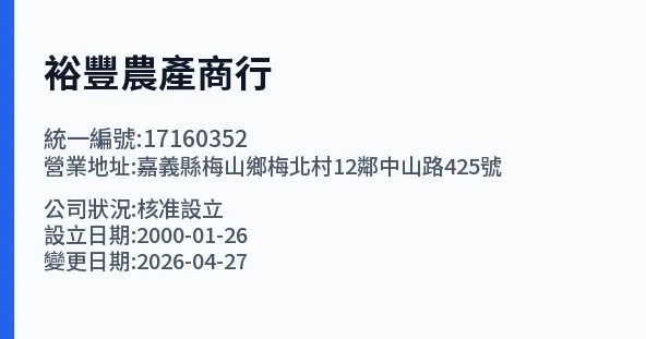 裕豐農產商行的照片-統編 17160352(嘉義縣) 公司登記資料與營業項目詳細圖表