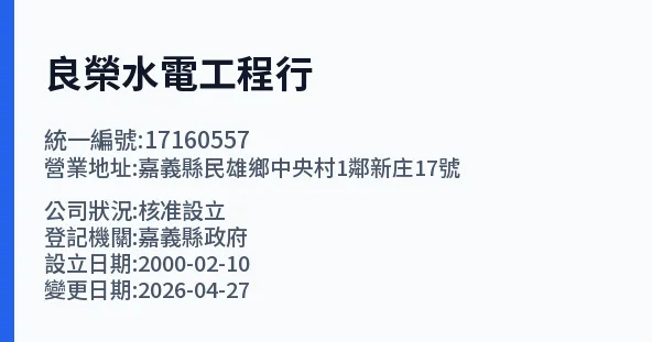 良榮水電工程行的照片-統編 17160557(嘉義縣) 公司登記資料與營業項目詳細圖表