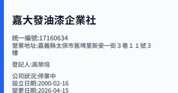 嘉大發油漆企業社的照片-統編 17160634(嘉義縣) 公司登記資料與營業項目詳細圖表