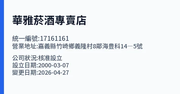 華雅菸酒專賣店的照片-統編 17161161(嘉義縣) 公司登記資料與營業項目詳細圖表