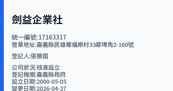 劍益企業社的照片-統編 17163317(嘉義縣) 公司登記資料與營業項目詳細圖表
