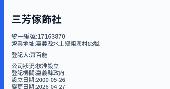 三芳傢飾社的照片-統編 17163870(嘉義縣) 公司登記資料與營業項目詳細圖表