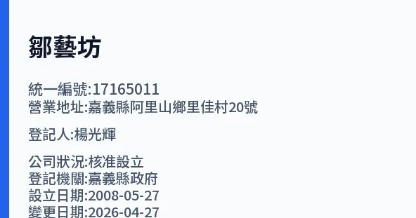 鄒藝坊的照片-統編 17165011(嘉義縣) 公司登記資料與營業項目詳細圖表
