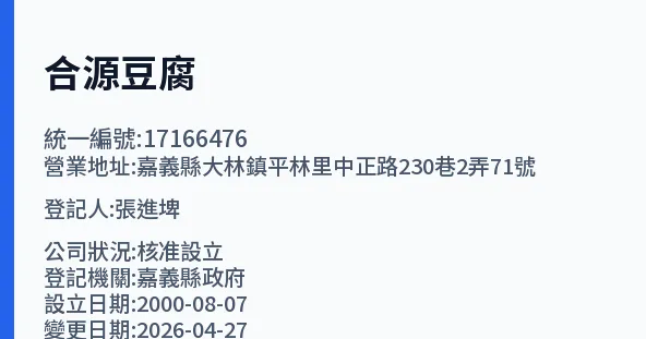 合源豆腐的照片-統編 17166476(嘉義縣) 公司登記資料與營業項目詳細圖表