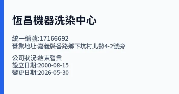 恆昌機器洗染中心的照片-統編 17166692(嘉義縣) 公司登記資料與營業項目詳細圖表