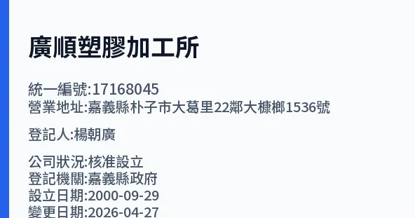 廣順塑膠加工所的照片-統編 17168045(嘉義縣) 公司登記資料與營業項目詳細圖表