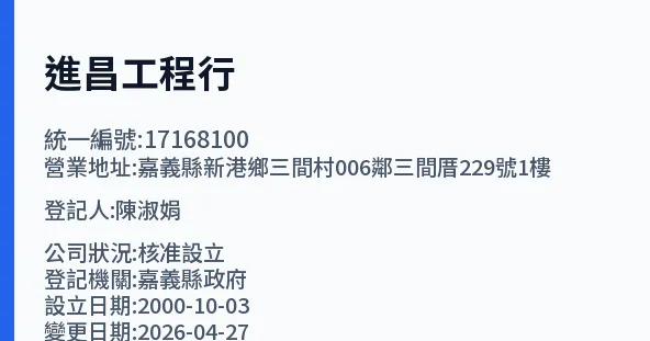進昌工程行的照片-統編 17168100(嘉義縣) 公司登記資料與營業項目詳細圖表