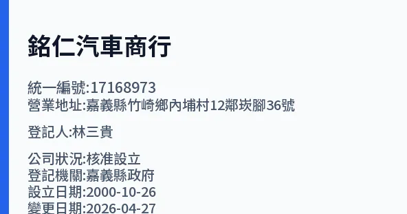 銘仁汽車商行的照片-統編 17168973(嘉義縣) 公司登記資料與營業項目詳細圖表