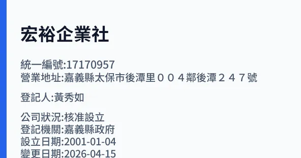 宏裕企業社的照片-統編 17170957(嘉義縣) 公司登記資料與營業項目詳細圖表