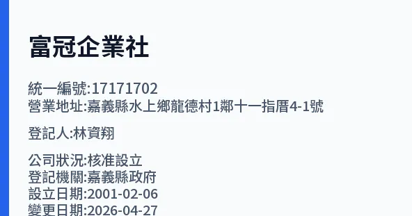 富冠企業社的照片-統編 17171702(嘉義縣) 公司登記資料與營業項目詳細圖表
