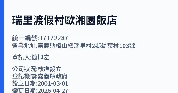 瑞里渡假村歐湘園飯店的照片-統編 17172287(嘉義縣) 公司登記資料與營業項目詳細圖表