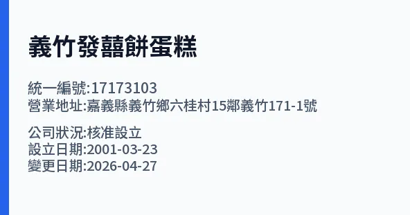 義竹發囍餅蛋糕的照片-統編 17173103(嘉義縣) 公司登記資料與營業項目詳細圖表
