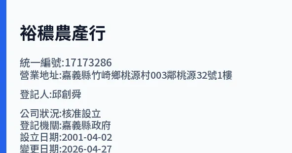 裕穠農產行的照片-統編 17173286(嘉義縣) 公司登記資料與營業項目詳細圖表