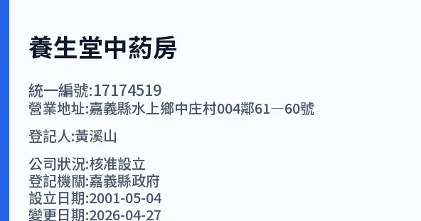 養生堂中葯房的照片-統編 17174519(嘉義縣) 公司登記資料與營業項目詳細圖表