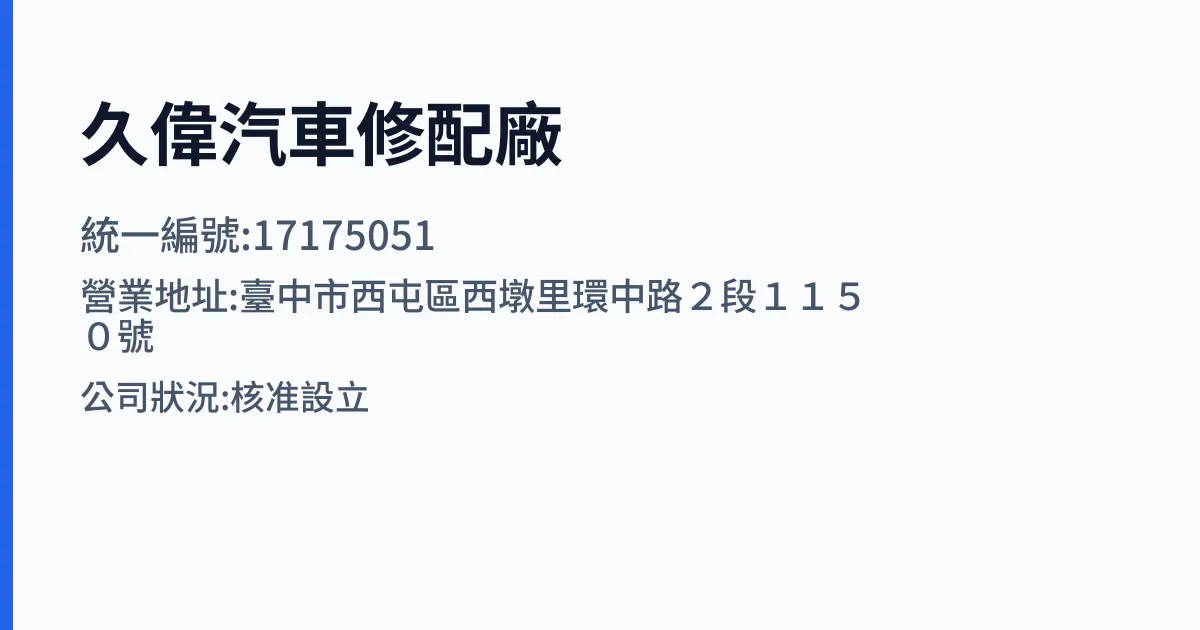 久偉汽車修配廠 - 統編 17175051(臺中市) 公司登記資料與營業項目詳細圖表