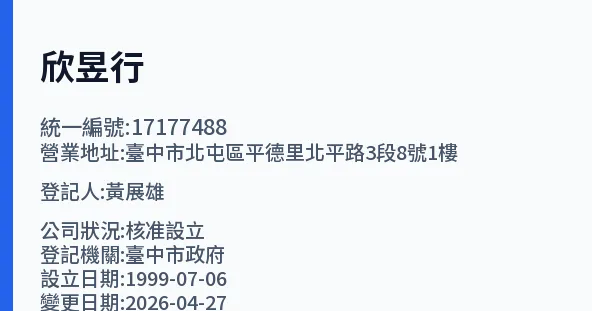 欣昱行的照片-統編 17177488(臺中市) 公司登記資料與營業項目詳細圖表