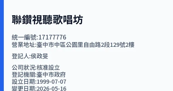 聯鑽視聽歌唱坊的照片-統編 17177776(臺中市) 公司登記資料與營業項目詳細圖表