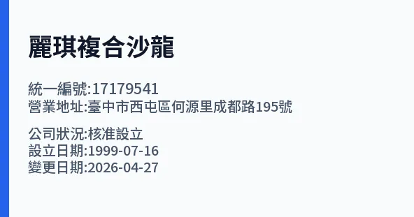 麗琪複合沙龍的照片-統編 17179541(臺中市) 公司登記資料與營業項目詳細圖表