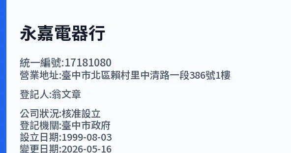 永嘉電器行的照片-統編 17181080(臺中市) 公司登記資料與營業項目詳細圖表
