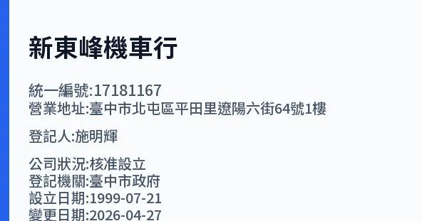 新東峰機車行的照片-統編 17181167(臺中市) 公司登記資料與營業項目詳細圖表