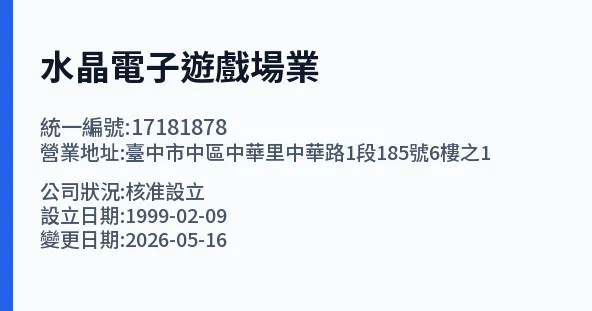 水晶電子遊戲場業的照片-統編 17181878(臺中市) 公司登記資料與營業項目詳細圖表