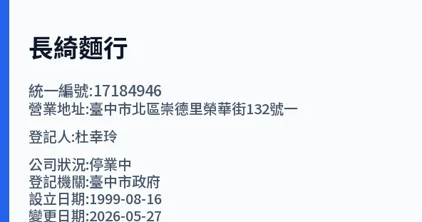 長綺麵行的照片-統編 17184946(臺中市) 公司登記資料與營業項目詳細圖表