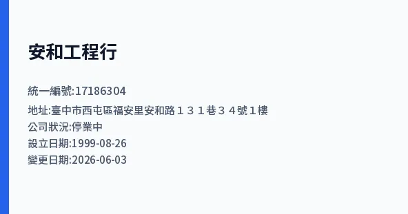 安和工程行的照片-統編 17186304(臺中市) 公司登記資料與營業項目詳細圖表