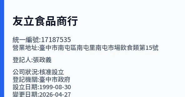 友立食品商行的照片-統編 17187535(臺中市) 公司登記資料與營業項目詳細圖表
